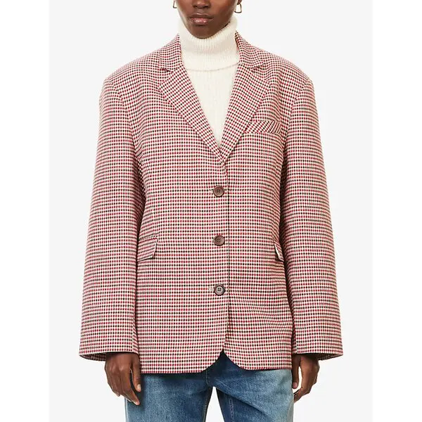 Djerf Avenue Weekend Check-Print Cotton Blazer - Checked Red